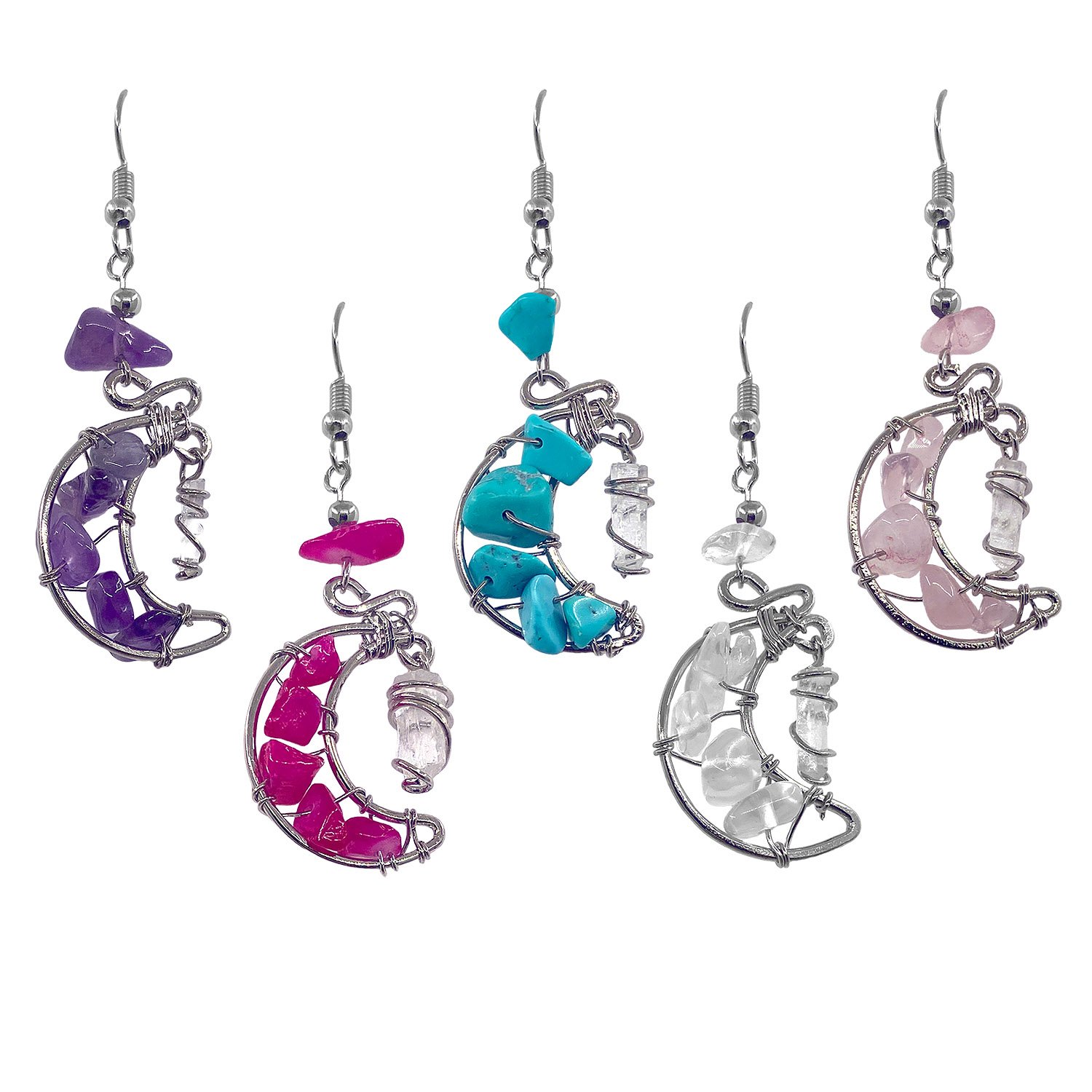 Wire Wrapped Moon Chip Stone Crystal Dangle Earrings - Pichincha gifts